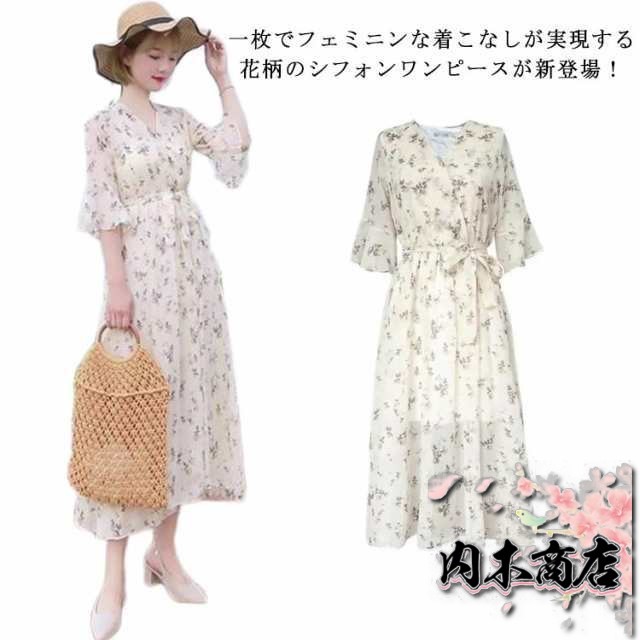 新登場 季節限定アイテム 店長太鼓判 花柄 ロング丈 ワンピース SNS話題 パーティー カジュアル ハイウエスト レ 秋 春 半袖 五分袖 シフォン マキシ丈 Vネック 夏 5分袖 お買い得プライス 送料無料