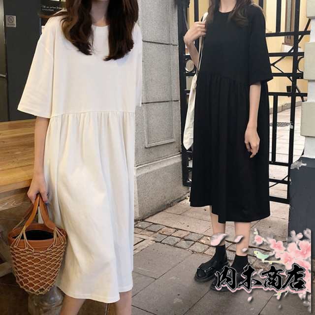 レビュー高評価商品 レビュー高評価 学生 軽量仕様 店長太鼓判 夏 プリーツ ラウンドネック ハイウエスト ドールスカート Tシャツ ワンピース 半袖 ミドル丈 ルーズ 無地 即納対応中 送料無料