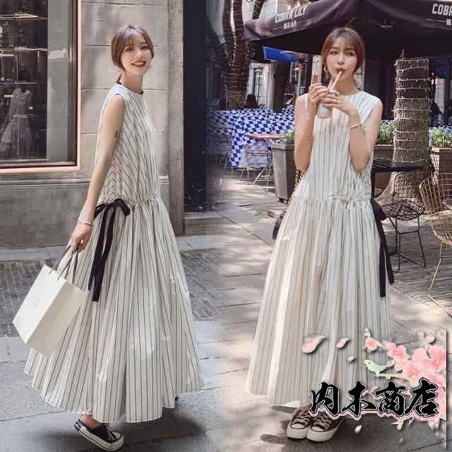 売れ筋アイテム レビュー高評価 レディース 店長太鼓判 オシャレ ストライプ 新作 Aライン 今だけ マキシ丈 ロング 蝶結び 収納便利 春夏 韓国風 上品 ノースリープ ド 着痩せ ワンピース お買い得プライス