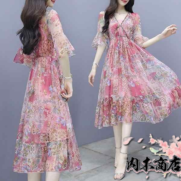 売上急増中 おしゃれ レディース 通勤 軽量仕様 在庫限りの大特価 店長太鼓判 きれいめ 韓国風 ワンピース 花柄 シフォンワンピース 着痩せ パーティードレス 大きいサイズ ロング丈 夏 上品 半袖 新品 40代 20代 送料無料