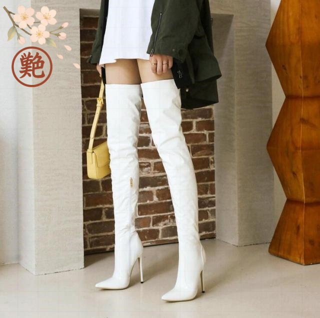 レディースブーツニーハイブーツエナメル12.5センチ超ハイヒール光沢ロング丈秋冬春秋サイハイブーツ大きいサイズ