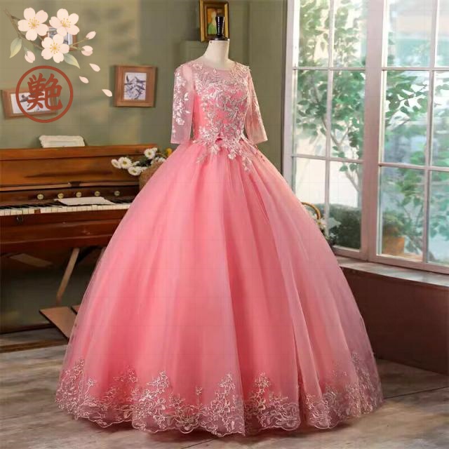 ピアノ パーティードレス 袖付き 演奏会 大きいサイズ 袖あり 演奏会用ドレス ロングドレス 披露宴 二次会 コンサート花嫁 発表会 カラードレス 結婚式 ウエディングドレス