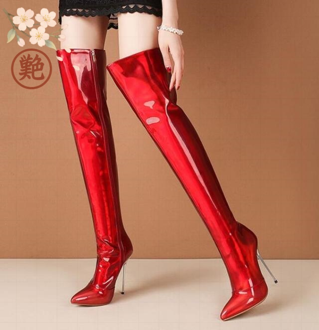 レディースブーツニーハイブーツエナメル12.5超ハイヒール光沢ロング丈秋冬春秋サイハイブーツ大きいサイズ