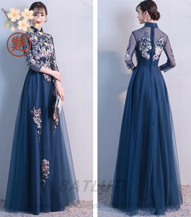 立ち襟 マキシ丈 二次会 ワンピース 刺繍 チュール 優雅 パーティードレス エレガント チャイナ風 チャイナドレス レディース 小さいサイズ 結婚式 ロングドレス 成人式 袖付き 大きいサイズ 衣装