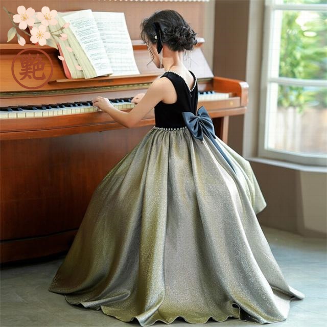 ピアノ発表会 ドレス 女の子 子ども 発表会ドレス グリーン ブラック ノースリーブ 子供 ワンピース