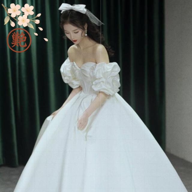 ウエディングドレス 花嫁ドレス ドレス 半袖 ホワイト ウェディングドレス ドレス オフショルダー 白 海外挙式 袖プリーツ ブライダル 撮影 袖あり ライン ロング