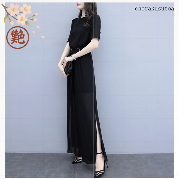 着痩せ 通勤 レディース フォーマル オーバーオール ワンピース 発表会 パンツドレス 半袖 ブラック ガウチョパンツ 結婚式