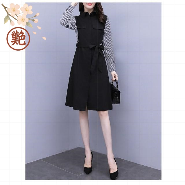 黒 韓国風 きれいめ 春秋 シャツワンピース 40代 レディース マキシワンピース ネックワンピース 大人 長袖ワンピース 黒ロングスカート 切り替え おしゃれ