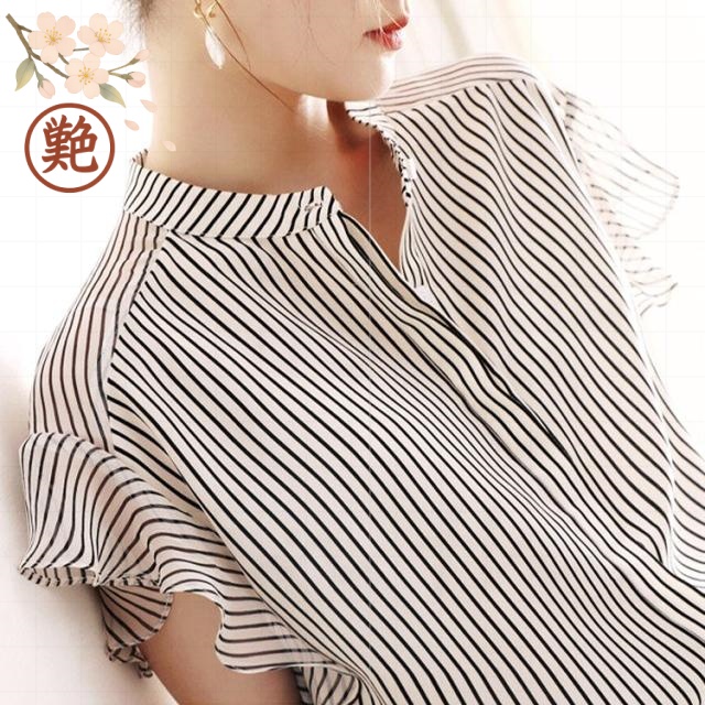 フレンチスリーブ 半袖 メール便 韓国 エレガント トップス  きれいめ フェミニン シフォン オフィス ストライプ柄 ブラウス レディース