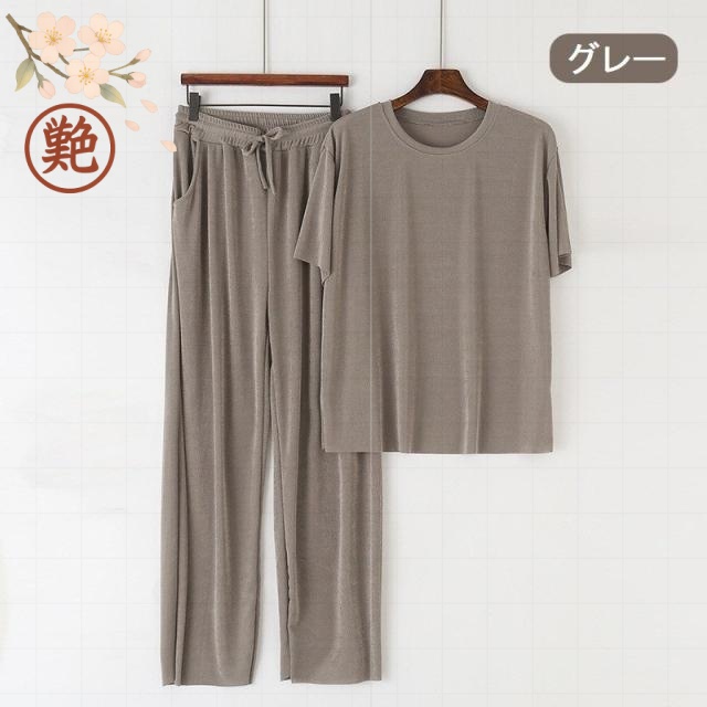 丸首 クルーネック 半袖 無地 シンプル パジャマ レディース ルームウェア 上下セット 部屋着 ロングパンツ ナイトウェア