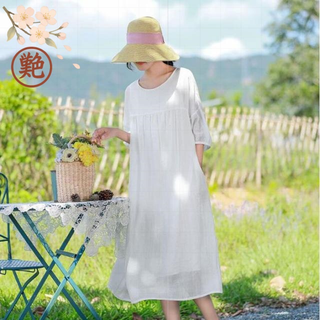 五分袖丈 可愛い キレイめ ワンピース マキシ丈 50代 リネン 20代 ワンピース 大きいサイズ 2021春夏新作 ゆったり オーバーサイズ 40代 無地 レディース 30代