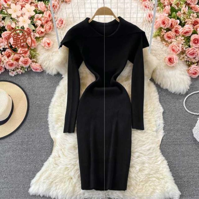 リブ 春秋 ニットワンピース 秋冬 長袖 ひざたけ タイトニットワンピース 膝丈 ロング丈 ニット スリット タイトニット ロングニットワンピース タイトワンピース 無地 スリット タイト