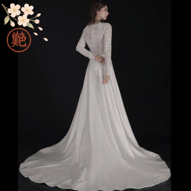 ライン ウェディングドレス 袖あり ブライダル 白 トレーン付き ロング 撮影 花嫁ドレス ウエディングドレス 長袖 レース ドレス ホワイト ネック ドレス