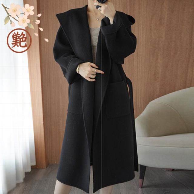 30代 通勤 ロング丈 ロングコート 40代 ウールコート フード付き ウール フード付き ベルテッドコート 上品 コート エレガント 20代 ポケット付き 前開き ベルト付き 長袖 50代 秋冬 高級感