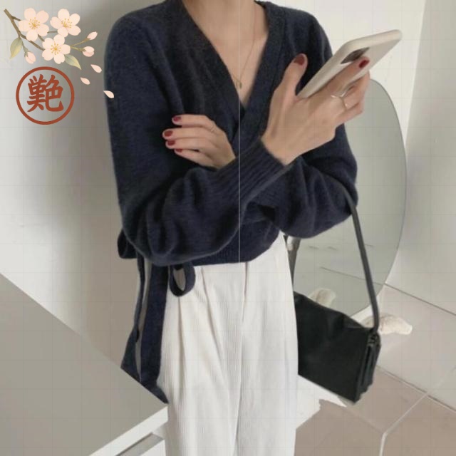 授乳服 レディース ショート丈 ニットカーディガン ニットセーター パフスリーブ 羽織り ネック カシュクール ニットトップス 秋冬 冬物 冬の新生活応援