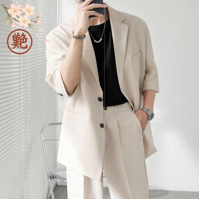 おしゃれ スラックス レディース メンズ メンズ テーラードジャケット セットアップ カジュアルスーツ 七分袖 韓国 ファッション 上下セット 秋 ジャケット セットアップ ゆったり アウター 大きいサイズ 春 カジュアル 冬物