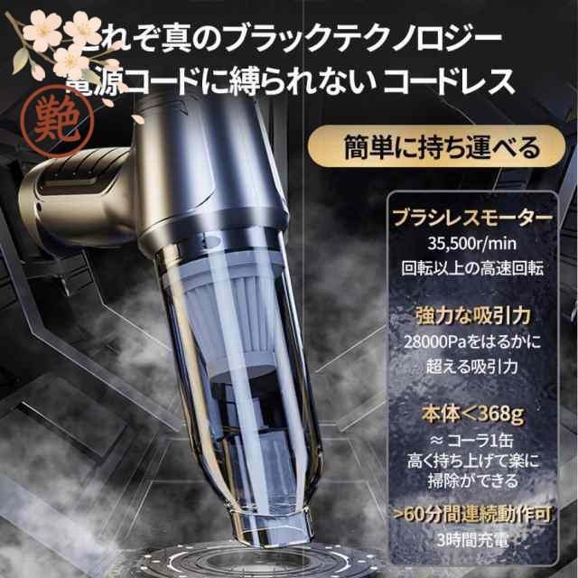 車用掃除機 車用 強力 軽量 充電式 コードレス 小型 おすすめ ハンディクリーナー ブラシレスモーター 掃除機 2024 ミニ掃除機 28000 吸引力 家庭用