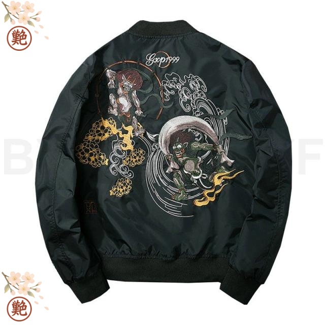 ブルゾン スカジャン メンズ 秋物 ジャケット ma-1 風神 雷神 刺繍 jacket ライトアウター ビッグシルエット スカジャン おしゃれ カコイイ 秋 冬 大きいサイズ
