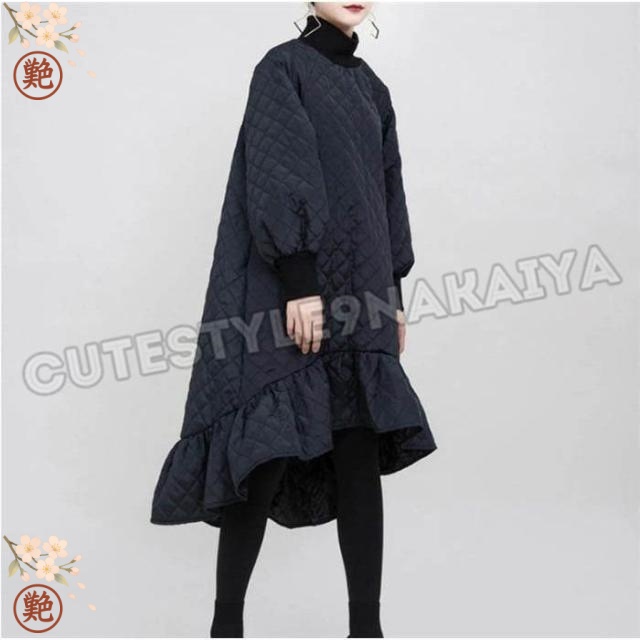 ワンピース レディース 40代 キルティング ハイネック ロングワンピース バルーン袖 裾フリル フレアワンピ アシンメトリー 中綿 長袖 軽量 秋冬 防寒