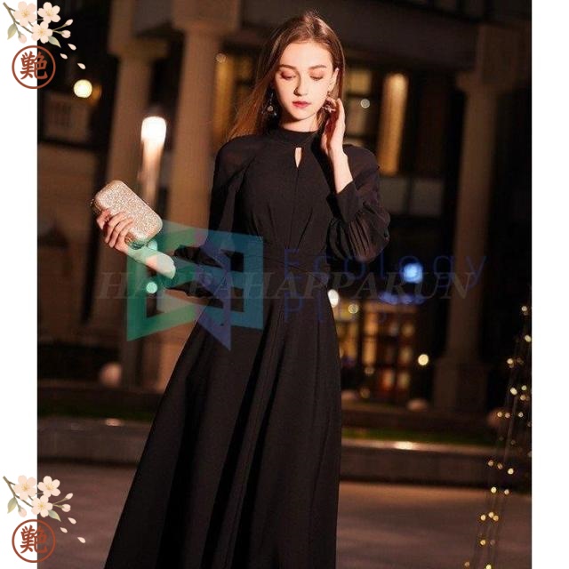 パーティードレス ロングドレス 黒 袖あり 結婚式 お呼ばれ ドレス 演奏会 20代 30代 40代 長袖 大きいサイズ 3L シースルー スタンドカラー