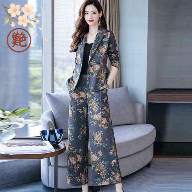 スーツジャケット スーツパンツ 秋 オフィス  セレモニー 着痩せ 花柄 お洒落 ワイドパンツ レディース 入学式 セットアップ 通勤 上下セット 30代 40代 20代