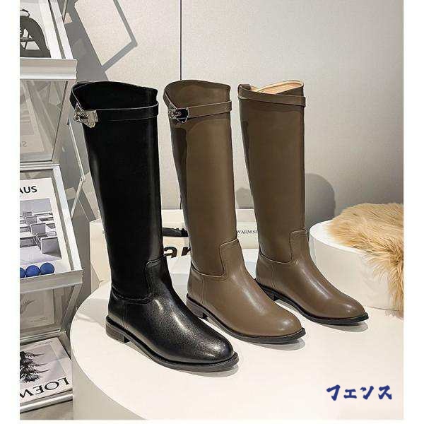 家中時間充実化 毎日使える便利品 送料無料 売上急増中 ロングブーツレディースジョッキー本革調高筒靴ロングバレルベルト飾りローヒール秋冬ベルトバックル大きめラウンドトゥ 人気急上昇 太めヒール防滑脚長効果 お買い得プライス