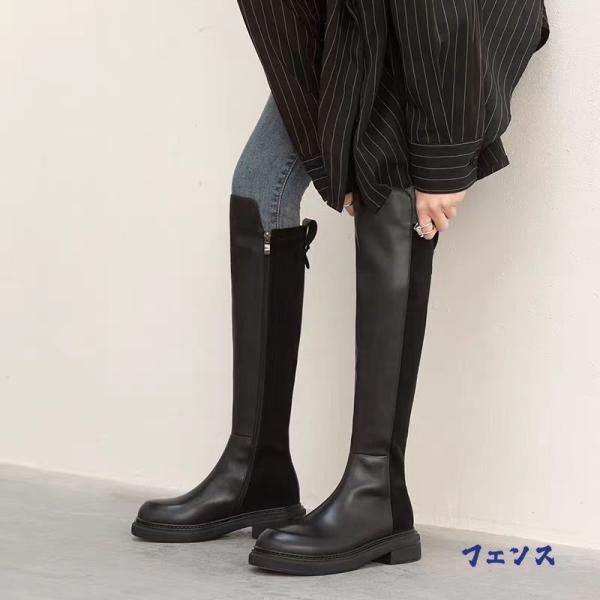 家中時間充実化 ギフトにも最適 送料無料 ロングブーツ厚底膝丈ジョッキーブーツレディース高筒靴長ブーツローヒール5cmレザー細身チャンキーヒール 疲れないジッパーフィット春秋冬 即納OK SNS話題 送料無料実施中