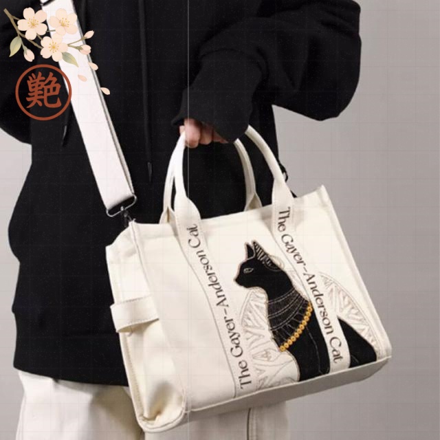 軽量 通学 ランチバッグ 3 ショルダーバッグ 大容量 お洒落 斜め掛け 刺繍 大英博物館 キャンバス レディース 通勤 ゲイヤーアンダーソンの猫 手提げ ハンドバッグ  トートバッグ
