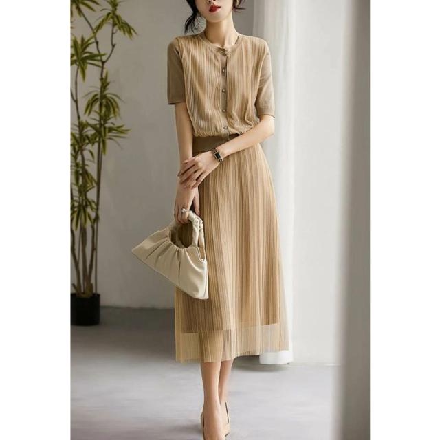 セットアップ レディース サマーニット 2点セット セーター プリーツスカート 上品 カットソー ドルマン 長袖 春 秋 着痩せ シンプル カジュ さらりと心地よい