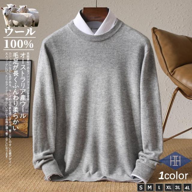 ニット セーター メンズ メリノウール 羊毛 クルーネック 無地 シンプル ウール100% 暖かい ニットセーター おしゃれ かっこいい 冬服 冬物 プレゼント 秋