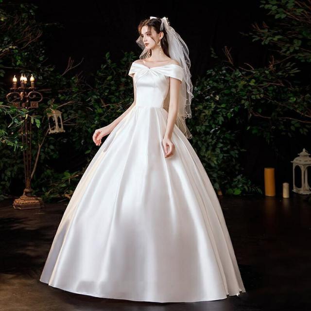 ウェディングドレス ロングドレス プリンセスラインドレス オフショルダー 二次会 結婚式 前撮り 花嫁 サテン 挙式 ブライダル ウエディングドレス
