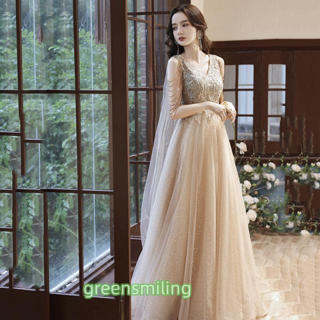 カラードレス カクテルドレス ロングドレス パーティードレス 発表会 演奏会 ステージドレス コンサート シャンパン 肩ベール ビーズ イブニングドレス