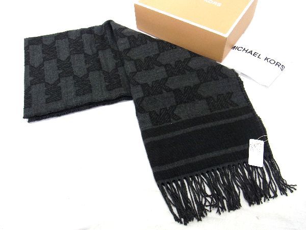 ■新品■未使用■ MICHAEL KORS マイケルコース MK柄 アクリル100％ フリンジ マフラー ストール レディース メンズ グレー系 AS6700