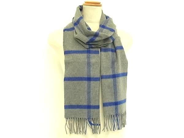 ■新品同様■Johnstons of Elgin ジョンストンズ オブ エルガン ウール×カシミヤ フリンジ マフラー 防寒具 グレー系×ブルー系 AS7497