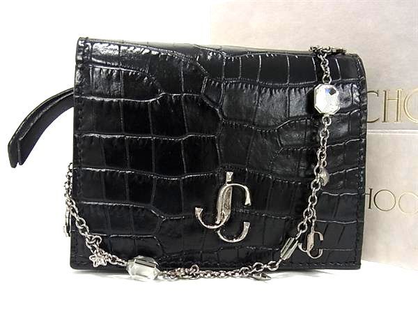 ■新品■未使用■ JIMMY CHOO ジミーチュウ ハンネ クロコダイル型押しレザー 二つ折り 財布 ウォレット ブラック系 AU7686