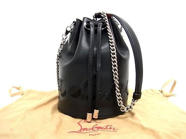 ■極美品■ Christian Louboutin クリスチャンルブタン レザー 巾着型 チェーン ショルダーバッグ 斜め掛け ブラック系×レッド系 AV4873