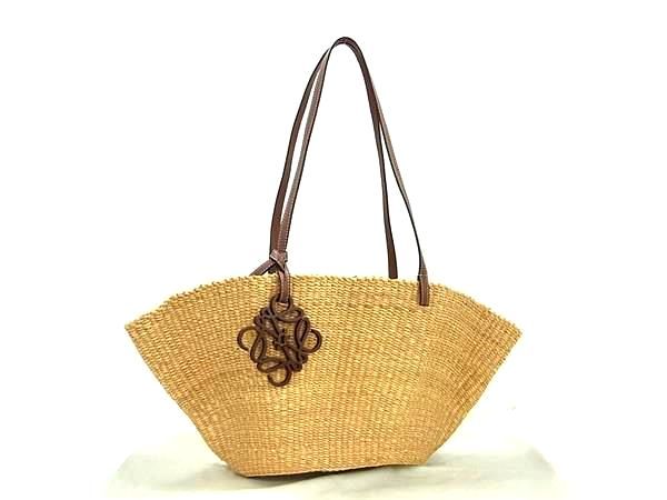 ■新品■未使用■ LOEWE ロエベ アナグラム シェル ストロー×レザー かごバッグ ハンドバッグ ショルダー ブラウン系 AW5599