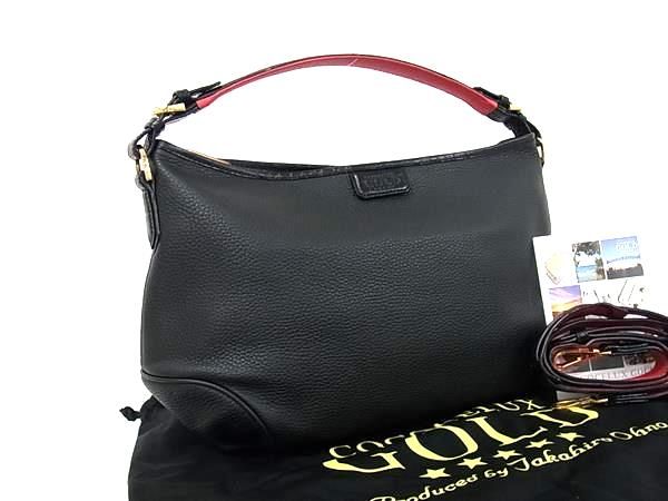 ■極美品■ COCOCELUX GOLD ココセリュックスゴールド レザー 2WAY ショルダーバッグ 肩掛け 斜め掛け ブラック系×レッド系 AX7452
