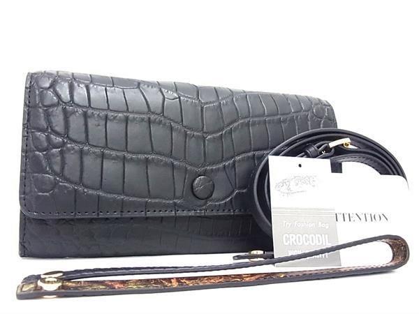 ■極上■本物■新品 未使用■ マットクロコダイル ニロティカス ヘンローン社 ウォレットバッグ ショルダー ブラック系 AZ8555
