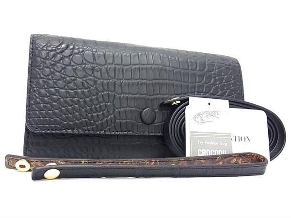 ■極上■本物■新品 未使用■ マットクロコダイル ヘンローン社製 ニロティカス ウォレットバッグ ショルダー ブラック系 AZ8558