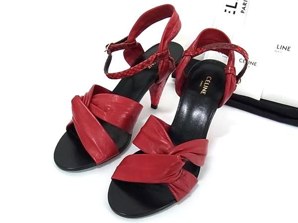 ■極上■本物■新品同様■ CELINE セリーヌ パイソン×レザー ヒール サンダル 表記サイズ 34(約21cm) 靴 シューズ レッド系 BF8909