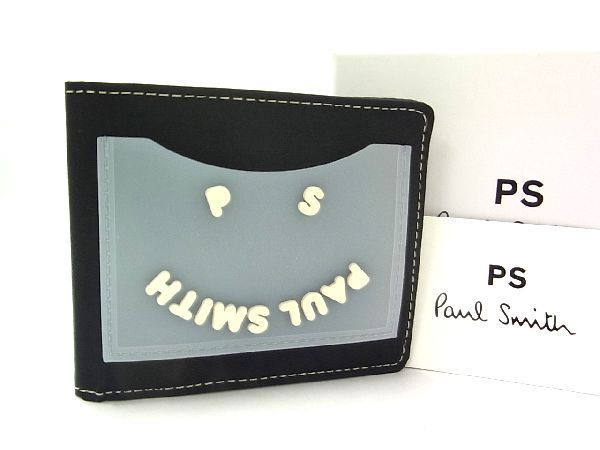 ■新品■未使用■ PS Paul Smith ピーエスポールスミス M2A-5321 ポリエステル スマイル 二つ折り 財布 ウォレット ブラック系 BG1596