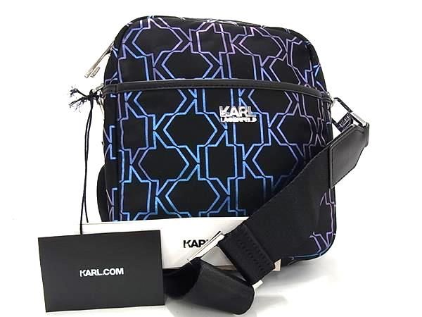 ■新品同様■ KARL LAGERFELD カールラガーフェルド ナイロン 総柄 クロスボディ ショルダーバッグ 斜め掛け ブラック系 BJ7709