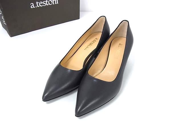 ■極美品■ a.testoni ア テストーニ レザー ヒール パンプス 表記サイズ：34 1/2 (約23.5cm) 靴 シューズ ブラック系 BJ8411