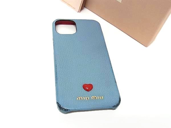 ■美品■ miumiu ミュウミュウ マドラスラブ レザー iPhone13 対応 アイフォンケース スマホケース ライトブルー系 BJ9216