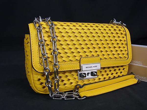 ■新品同様■ MICHAEL KORS マイケルコース レザー 編み込み チェーン ショルダーバッグ 肩掛け 斜め掛けかばん イエロー系 BJ9408