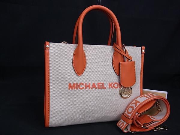 ■新品■未使用■ MICHAEL KORS マイケルコース キャンバス×レザー 2WAY ハンドバッグ ショルダー ベージュ系×オレンジ系 BJ9412