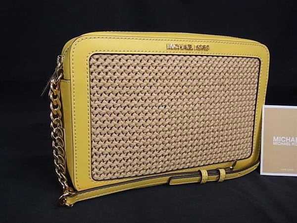 ■新品■未使用■ MICHAEL KORS マイケルコース レザー×ストロー チェーン ショルダーバッグ 肩掛け イエロー系×ベージュ系 BJ9418