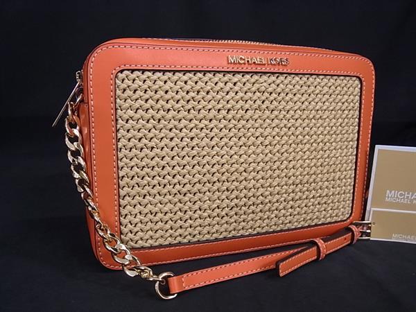■新品■未使用■ MICHAEL KORS マイケルコース レザー×ストロー チェーン ショルダーバッグ 肩掛け オレンジ系×ベージュ系 BJ9419