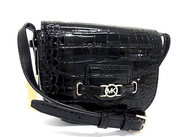 ■新品■未使用■ MICHAEL KORS マイケルコース クロコダイル型押しパテントレザー ショルダーバッグ 斜め掛け ブラック系 BJ9422